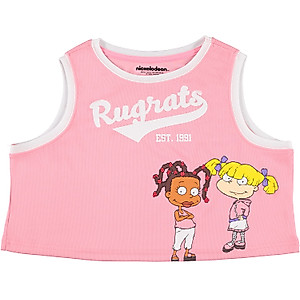 Ladies Rugrats 90's Fashion Shirt - Rugrats Angelica and Reptar Mesh Tank Top (Pink White, Large)