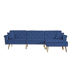 Eafurn 110" Convertible Sectional Sofa with Reversible Chaise and Adjustable Backrest,Modern Oversized Velvet Upholstered L-Shaped Corner Couch Bed with Nailhead Trim for Living Room