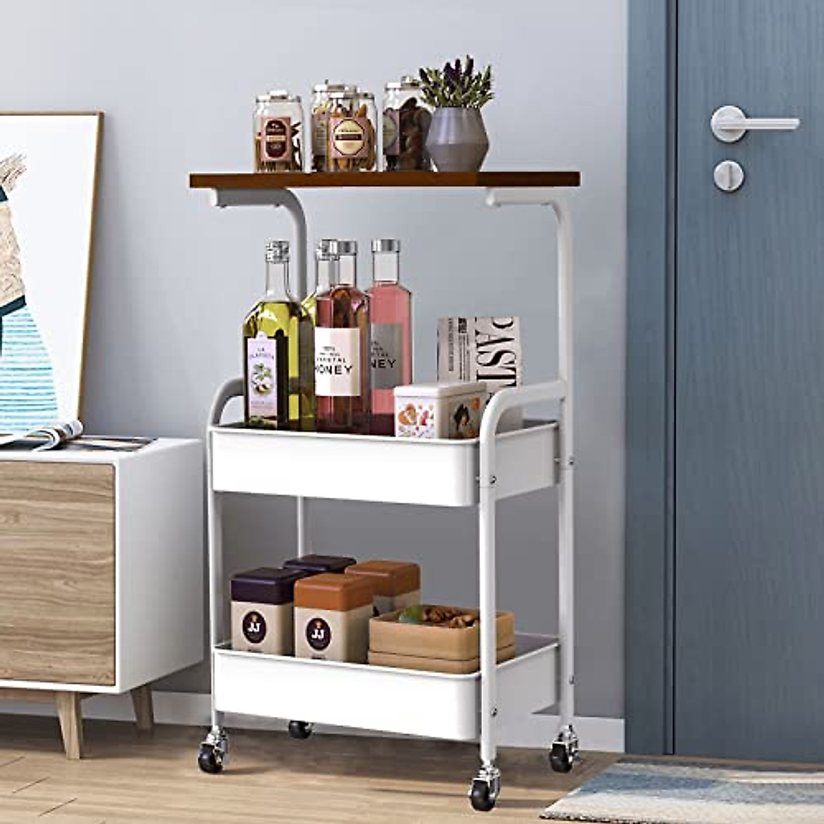 RêveLife 3 Tier Rolling Storage Cart Metal Utility Cart with Lockable Wheels Wooden Top Mobile Print Stand Heavy Duty Storage Organizer for Home Office Kitchen Living Room, White