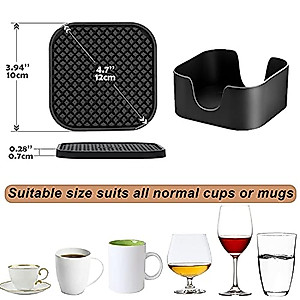 IYYI Silicone Coasters Set of 6, Drink Coasters with Holder, Non-Slip Cup Mat, Deep Tray Absorbent Coaster, Heat Resistant Countertop Protection (Black-Square)