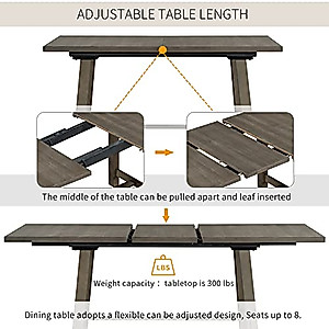 KoiHome Kitchen East-West Set-76 Retro Industrial Style Rectangular 18" Leaf and 6 Chairs, Modern Solid Wood Room, Distressed Finish, Gray, 7-Piece Dining Table Set