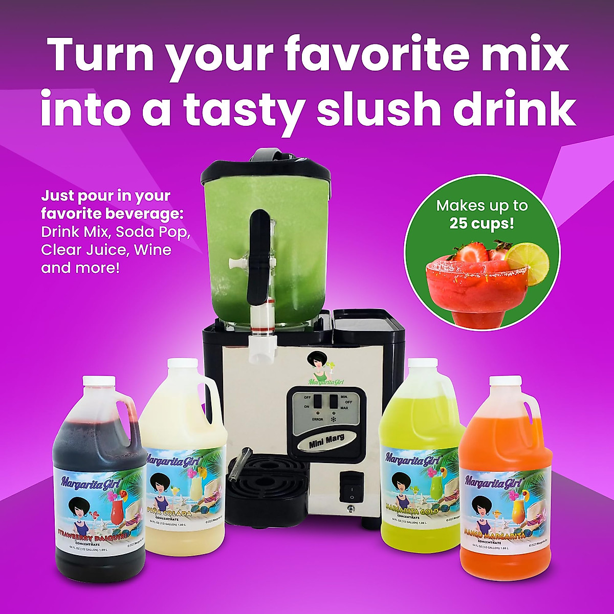 Margarita Girl Single-Bowl Mini Size Frozen Slushy Drink Machine - Versatile High-Capacity Model Featuring One 1.6-Gallon Bowl - Makes 25 Cups of Resort-Style Margarita, Daiquiri, Piña Colada & More