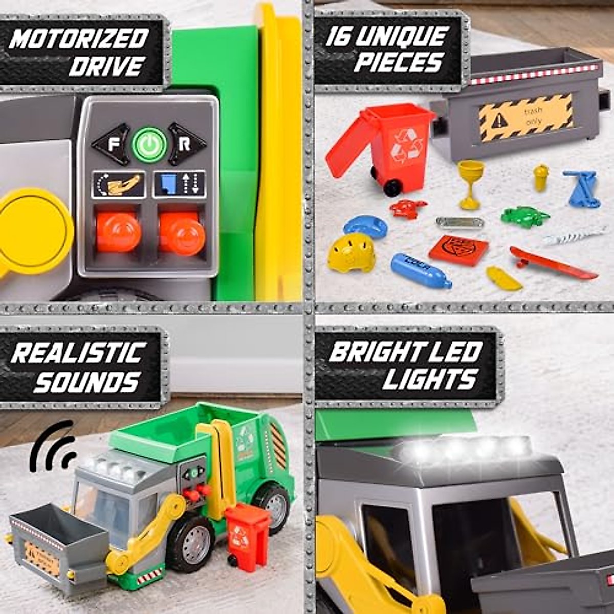 Maxx Action 19’’ 3-N-1 Maxx Recycler – Large Garbage Truck Toy with Lights, Sounds and Motorized Drive | Realistic Trash Truck with Dual Joystick Controllers - Sunny Days Entertainment | Green