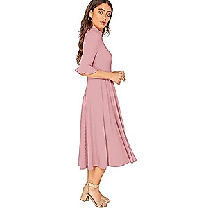 Verdusa Women's Elegant Ribbed Knit Bell Sleeve Fit and Flare Midi Dress Pink L