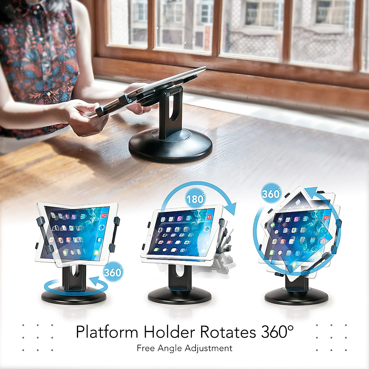 EHO iPad Stand, 360° Rotating Commercial Tablet Stand, Retail Kiosk, 6"-13" (Screens) Adapter Universal Tablet Clamp Holder for iPad, iPad Air, iPad Mini, Microsoft Surface, Most Tablets - Black