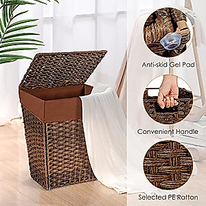 Giantex Laundry Hamper with Lid, Foldable Laundry Basket w/Removable Liner Bag, Handwoven Rattan Clothes Hamper w/Handles Anti-skid Pads for Living Room Laundry (Brown)