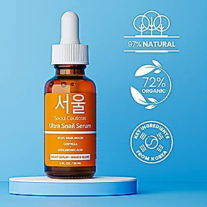 SeoulCeuticals Korean Skin Care 97.5% Snail Mucin Serum – Korean Beauty Skincare Night Serum Hyaluronic Acid for Face Contains K Beauty Snail + Centella Asiatica - Potent Anti Wrinkle Serum 1oz