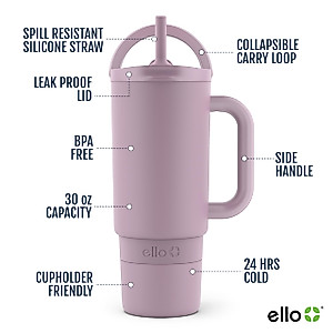 Ello Port 30oz Tumbler with Carry Loop & Integrated Handle | Vacuum Insulated Stainless Steel Reusable Water Bottle Travel Mug | Leak Proof Lid | Flexible Straw | BPA-Free | Dishwasher Safe | Mauve