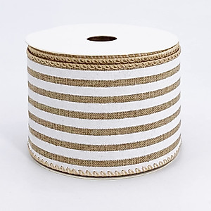 Leecogo Burlap Ribbon Wired,2 1/2”x10 Yard,White Stripe Rustic Ribbon for Easter, Christmas, Wreath, Spring, Summer, Wedding, Baby Shower, Birthday