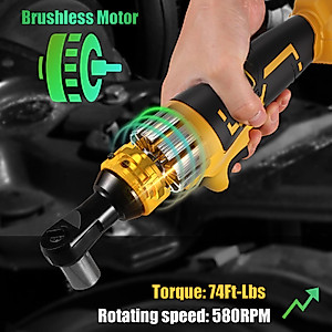 Lezwuatoolz 3/8" Brushless Cordless Ratchet, Electric Ratchet Compatible with DEWALT 20V Battery, 74Ft-Lbs Ratchet Wrench with Variable Speed Trigger, 3/8" to 1/4" Adapter, 3" Extension Bar(Tool Only)