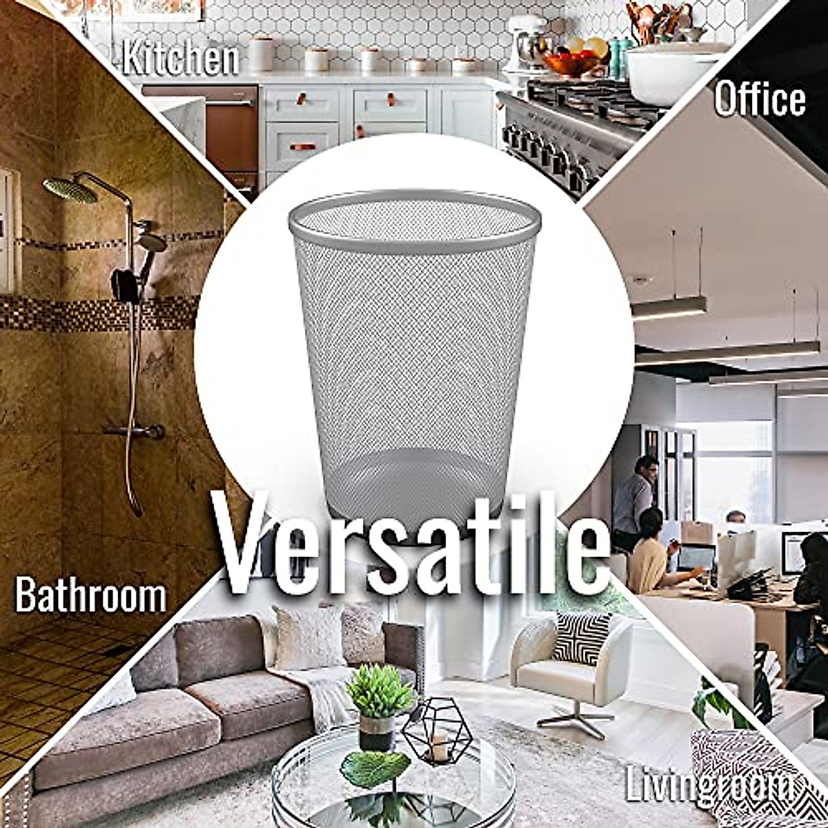 Zuvo Metal Wire Mesh Waste Basket Garbage Trash Can for Office Home Bedroom Height 10.1" Width 10", 4 Gallon (16 Quart) (2, Silver)