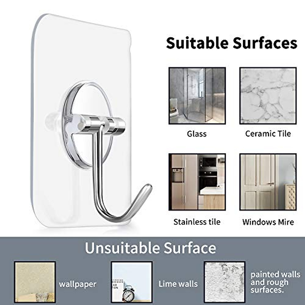 FOWOKAW Adhesive Hooks.Heavy Duty Self Wall Hooks15lb(Max),Waterproof and Oilproof Transparent hooks11 Pack