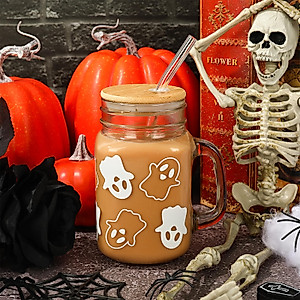 Whaline Halloween Mason Jar Mug with Handle 18oz Cute Ghost Mason Jar Drinking Glasses Halloween Ghost Ice Coffee Cups Glass Mugs Tumbler with Lid and Straw for Iced Coffee Tea Soda Cocktail Gifts