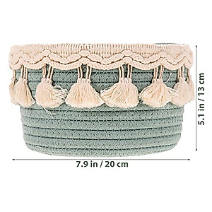 Woven Basket Small Woven Storage Basket Decorative Cotton Rope Basket with Tassel Woven Nursery Hamper Storage Bin for Blankets Towels Toilet Paper Green Bathroom Basket