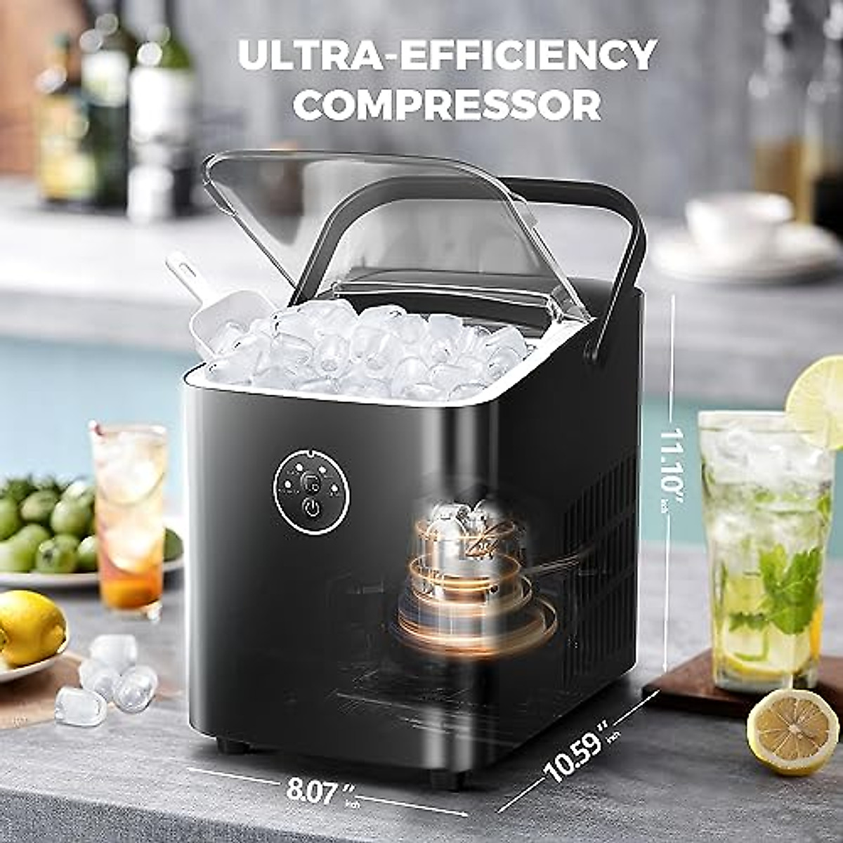 ZAFRO Ice Maker Countertop Ice Machine, 2 Sizes S/L 8 Bullet Ice Ready in 9 Mins, 26.5lbs/24H, Portable Small Ice Maker with Self-Cleaning,Scoop,Basket and Handle,Black for Home/RV/Office/Bar