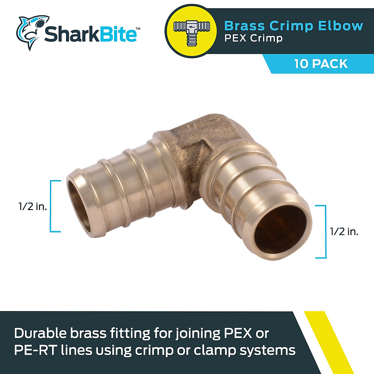 SharkBite 1/2 Inch Crimp 90 Degree Elbow, Pack of 10, Brass Plumbing Fitting, PEX Pipe, PE-RT, UC248LFA10.