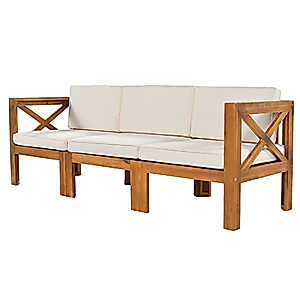 Goohome 5-Piece Wood Patio Furniture Set, L-Shaped Outdoor 3-Seater Sectional Sofa Seating Group ConversationSets with Coffee Table and Water-Resistant Cushions, for Patio, Backyard