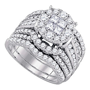 14kt White Gold Womens Princess Soleil Diamond Bridal Wedding Engagement Ring Band Set 2-1/2 Cttw