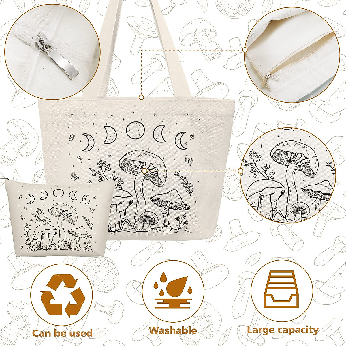 2 Pcs Aesthetic Tote Bag Cute Reusable Canvas Vintage Cosmetic Bag for Women Funny Makeup Bags Girls Gifts (Mushroom)