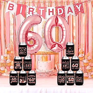 12Pcs Can Cooler Sleeves - Rose Gold 60th Birthday Decorations for Women - Beverage Can Cooler Sleeves for Cheers to 60 Years Old Party Supplies Gift