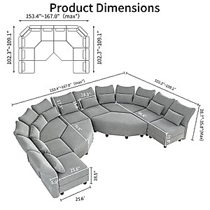 LLappuil U Shaped Oversized Sectional Sofa 167" Wide with 4 Diamond Ottomans, Chenille Modular Couches Sleeper Sofa with Storage and Adjustable Armrest for Living Room, Office, Entertainment, Grey