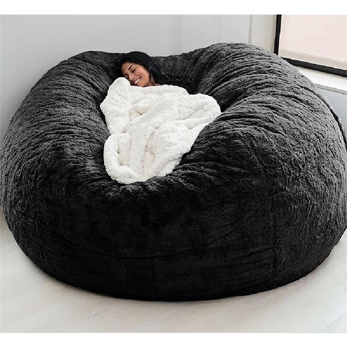 Giant Fur Bean Bag Chair Cover for Kids Adults, (No Filler) Living Room Furniture Big Round Soft Fluffy Faux Fur Beanbag Lazy Sofa Bed Cover (Black, 7FT)