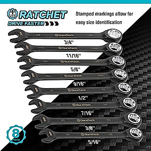 DURATECH Ratcheting Combination Wrench Set, 144-P, Double-Stacked Pawls, 8-Piece, SAE, 5/16'' to 3/4'', CR-V Steel, Black Chrome Plated, with Organizer Pouch