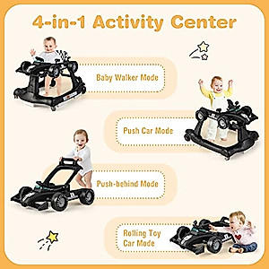 GLACER 4-in-1 Baby Walker, Folding Infant Walker with Adjustable Height & Speed, Music Box with Light, Steering Wheel, Soft Cushion, Toddler Toy Activity Center for Babies Aged 6-18 Months