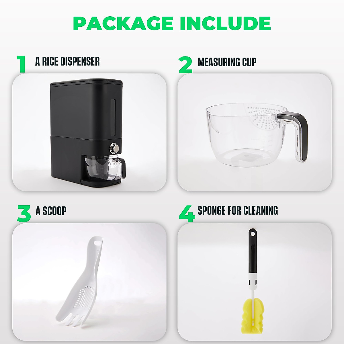 Rice Dispenser 20 lbs I Rice Storage Container 20 lbs with Sponge, Scoop & Rice Measuring Cup I Airtight Rice Container with Lid I Best Food Dispenser Rice Bucket I Cereal Dispenser for Pantry