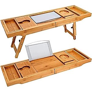 Sorfity Bathtub Caddy & Laptop Bed Desk - 2 in 1, Bath Tray Built-in Stand for Books or Tablets, Bathtub Holder and Organizer with Smartphone and Wine Glass Holder, Tablet Holder