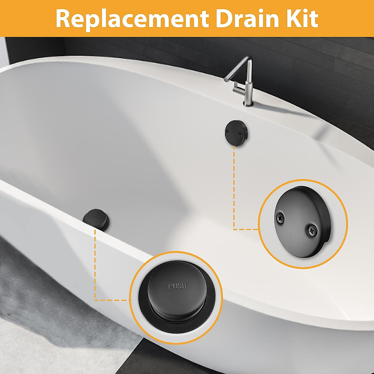 YGboost Matte Black Tub Drain Overflow Kit - Universal Bathtub Drain Replacement with 2-Hole Overflow Faceplate Set, Tip-Toe Conversion Kit, Fine & Coarse Thread