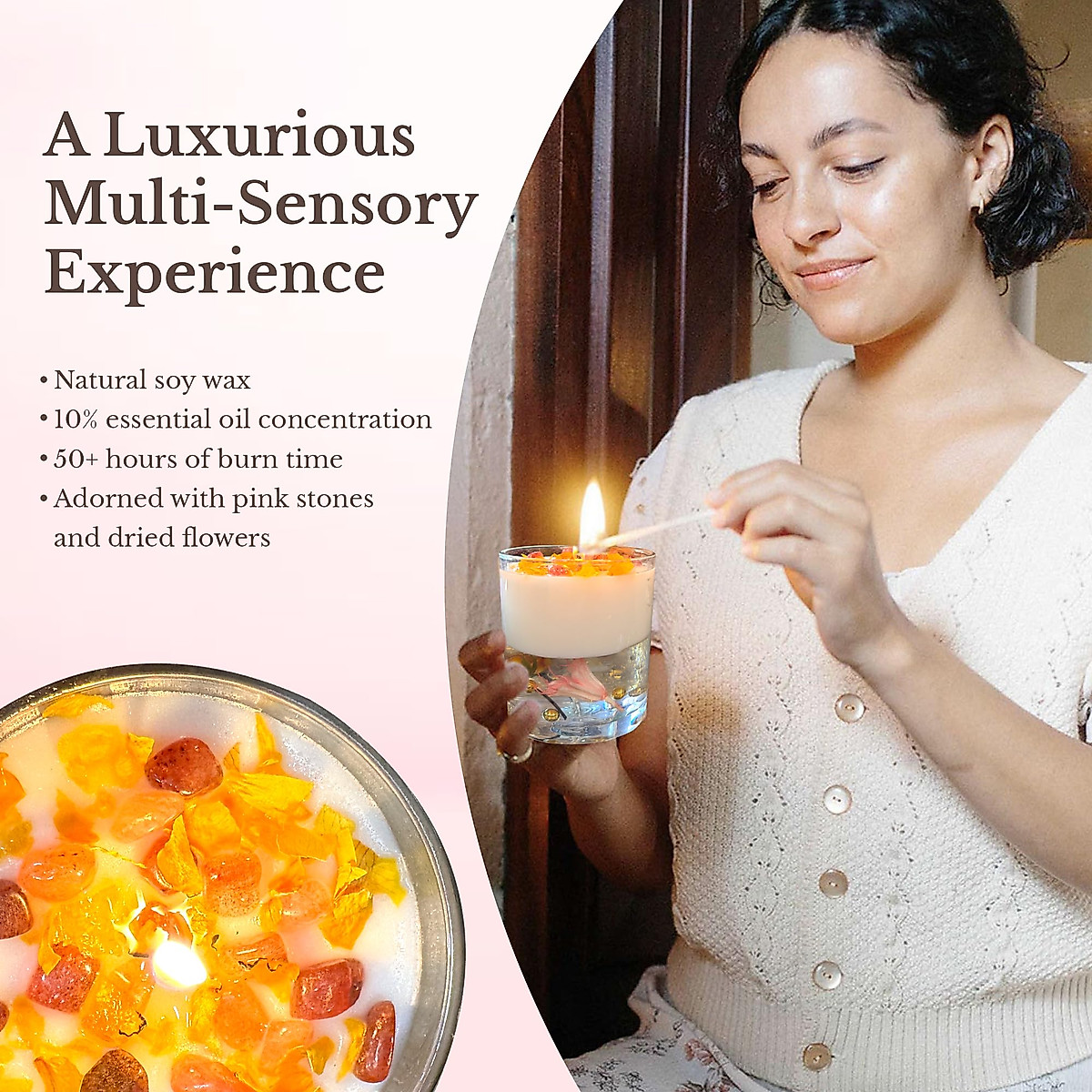 Moira's Bazaar Dual Scented Candle for Women,50+ Hours Burn,Lavender Vanilla & Sweet Orange,Hand Crafted Home Aromatherapy,Pure Soy,Jelly,Dried Flowers,Match Sticks Tube,Gift;11 oz