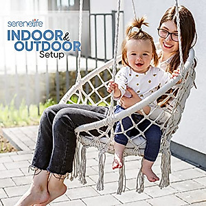 SereneLifeHome Hanging Rope Double Swing Chair, Hanging Hammock Bench, Macrame Hanging Chair, 530 lbs Capacity, Durable, Cotton Woven Swing Chair, Indoor & Outdoor (White)