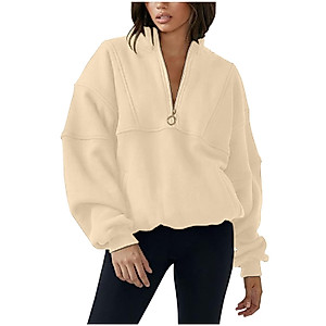 return pallets for sale liquidation from amazon cut off hoodies for women Women Half Zip Up Long Sleeve Sweatshirts 2023 Tredny Fall Y2K Solid Preppy Pullover Tops Fleece Winter Tops Beige M
