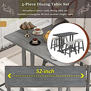 Merax 5-Piece Dining Set, Counter Height Kitchen Furniture with a Rustic Table and 4 Upholstered Stools, Grey_5pcs