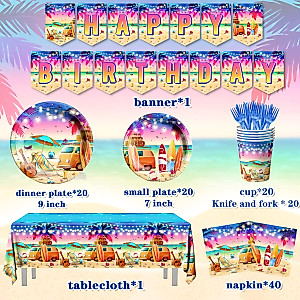 142pcs Sunset Beach Summer Tableware Set Beach Theme Party Decorations Palm Leaves Tropical Beach Banner,Tablecloth,Cups,Plates Napkins,Forks and Knives for Hawaiian Party,Swimming Pool Party,Birthday