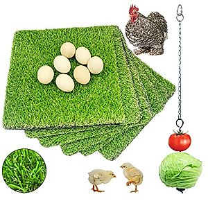 6+1 Pack Chicken Nesting Box Pads with Vegetable Skewer String Feeder, Washable Nesting Pads for Chicken Coop, Artificial Grass Rug Carpet Synthetic Turf Mat - 12"x12"x0.78"