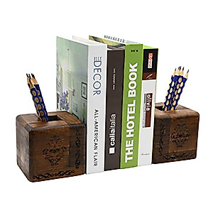 OwlGift Rustic Brown Solid Bamboo Decorative Bookends w/ Laser Engraved, Office Desk Book Stand with Stationery Holder and Pencil Cup, 1-Pair