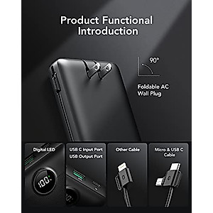 Portable Power Bank 20000mAh,VRURC 22.5W USB Port Fast Charging Portable Charger,Built-in AC Wall Plug, Micro&USB C Cables,4 Output Dual Input LED Display Integrated External Battery For Smart Devices