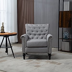 Gecheer Mid-Century Modern Accent Chair, Linen Armchair w/Tufted Back/Wood Legs, Upholstered Lounge Arm Chair Single Sofa for Living Room Bedroom, Light Grey
