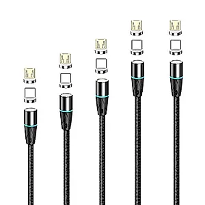 NetDot Gen12 Magnetic Charging Cable [5 Pack Black,1ft/3.3ft/5ft/6.6ft/6.6ft] Data Transfer Compatible with Micro USB & USB-C Smartphones Come with 10 Connectors