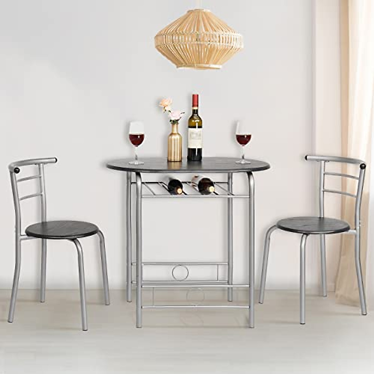 VINGLI 3 Piece Dining Set,Small Kitchen Table Set for 2,Breakfast Table Set,Kitchen Wooden Table and 2 Chairs for Small Space/Dining Room/Apartment,Metal Frame,Wine Rack,Sliver&Black