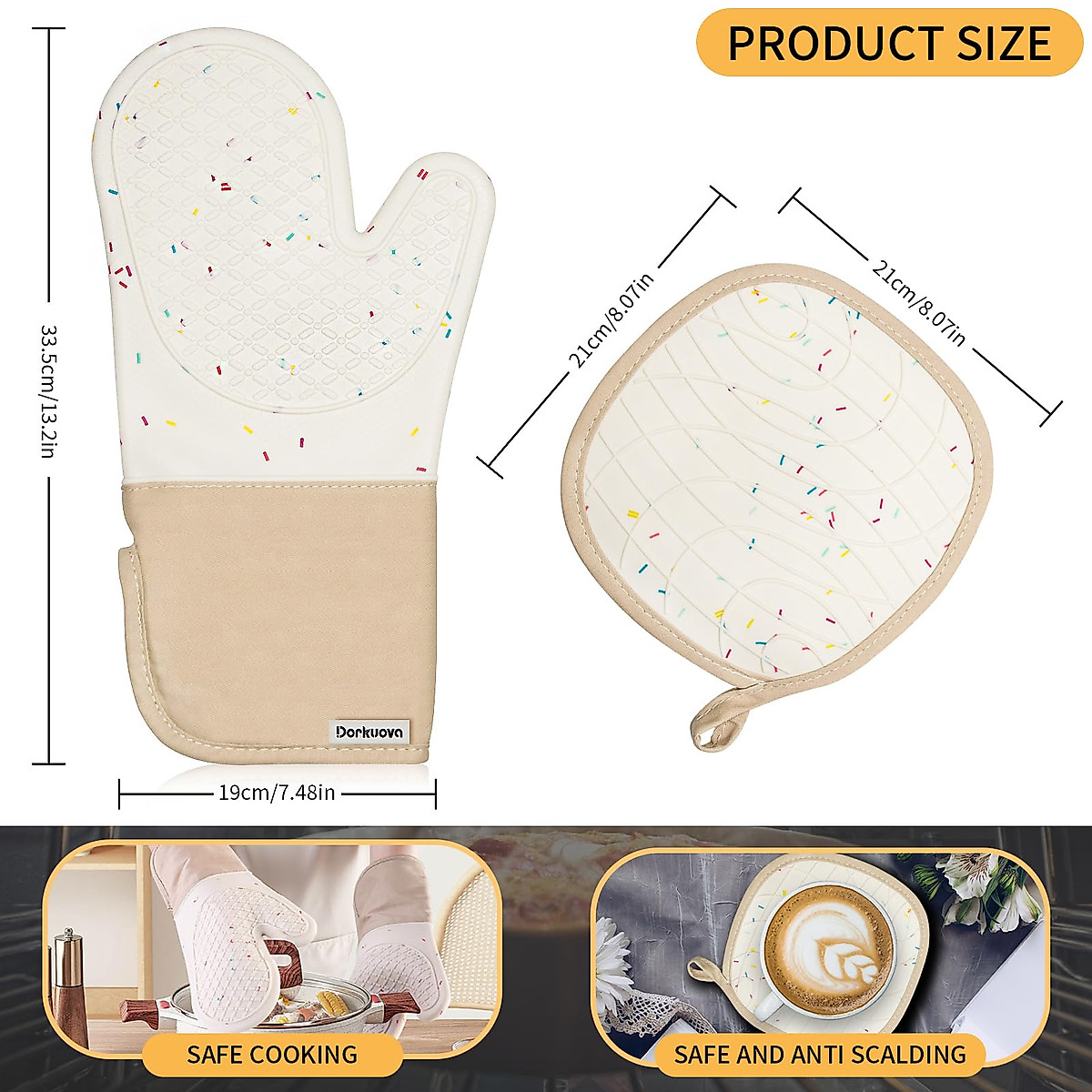 Dorkuova Oven Glove Cute,Cooking Mittens,Oven Mittens for Kitchen,Oven Gloves for Kitchen,Non-Slip Grip,Washable Silicone Oven Mitts Heat Resistant 500°F, Cooking Baking(Cream
