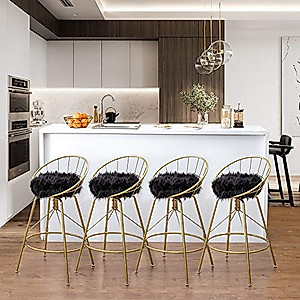 Alunaune 26inch Swivel Metal Bar Stools Gold Bar Chairs Set of 2 Black Faux Fur Counter Height Barstools Home Kitchen Counter Stool-Gold
