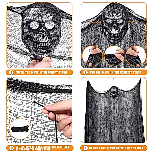 25FT Scary Halloween Outdoor Decorations, Hanging Ghost Halloween Decor with Black Creepy Cloth and Skull Mask for Halloween Haunted House Decor Party Supplies