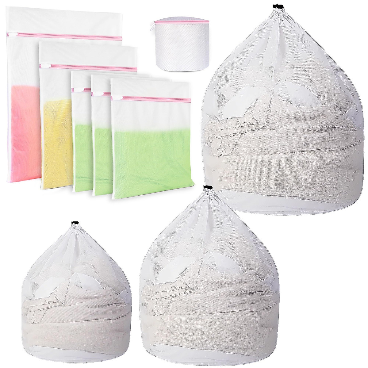 9Pcs Durable Mesh Laundry Bags, Various Size Lingerie Bags for Delicates in Washer and Dryer- 1pcs Bra Bag, 3pcs Large Drawstring Travel Laundry Bags, 5pcs Sturdy Zipper Delicates Bags for Sock, Shirt