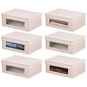 mDesign Fabric Stackable Slim Shelf Storage Organizer Box with Window/Attached Lid for Organizing Bedroom Closet - Holds Purses, Linens, Accessories - Jane Collection - 6 Pack, Pink/White