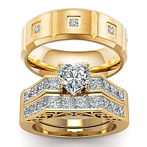 TWO RINGS His Hers Wedding Ring Sets Couples Rings Women's 10k Yellow Gold Filled White CZ Wedding Engagement Ring Bridal Sets & Men's Tungsten Carbide White Cz Wedding Band