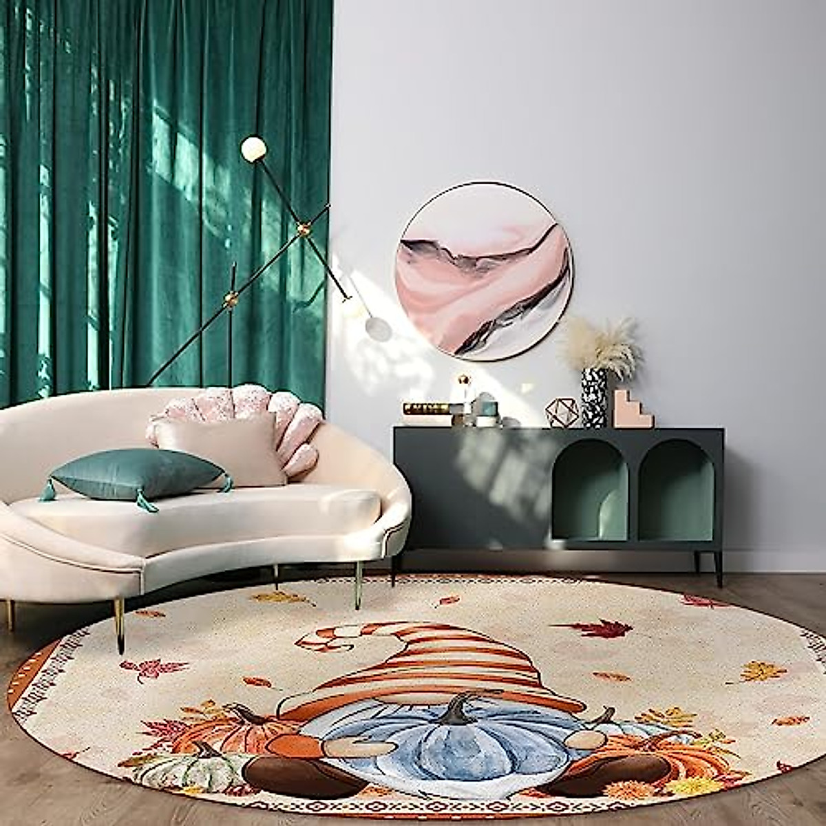 Thanksgiving Southwestern Round Area Rug 3ft,Washable Outdoor Indoor Carpet Runner Rug for Bedroom,Kitchen,Living Room,Office,Area+Rug Small Bath Door Desk Floor Mat Boho Gnome Pumpkins Fall Leaves