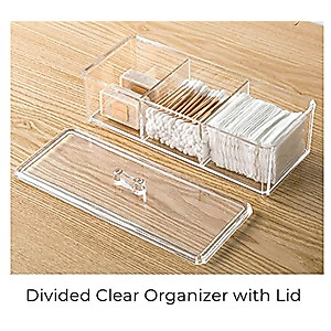 Clear Cotton Ball and Swab Holder 3 Divided Compartments with Lid, Transparent Acrylic Dresser Organizer, Waterproof Bathroom Organizers Small Plastic Storage Containers, Vanity Makeup Organization